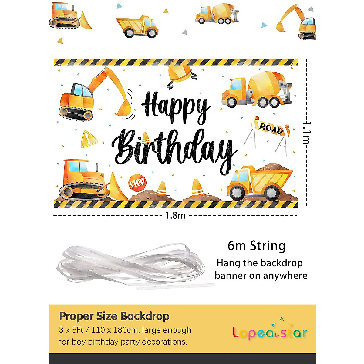 Lopeastar Construction Backdrop Banner Birthday Party Supplies, Large Size 3 x 5Ft Construction Party Decorations for Boys Yellow
