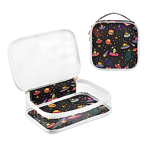 Cute Alien Planet Stars 2 Pieces Clear Makeup Cosmetic Toiletry Bags for Women Men PVC Waterproof Portable Travel Storage Carry Pouch with Gold Zippers Organizer Case for Organizing Traveling