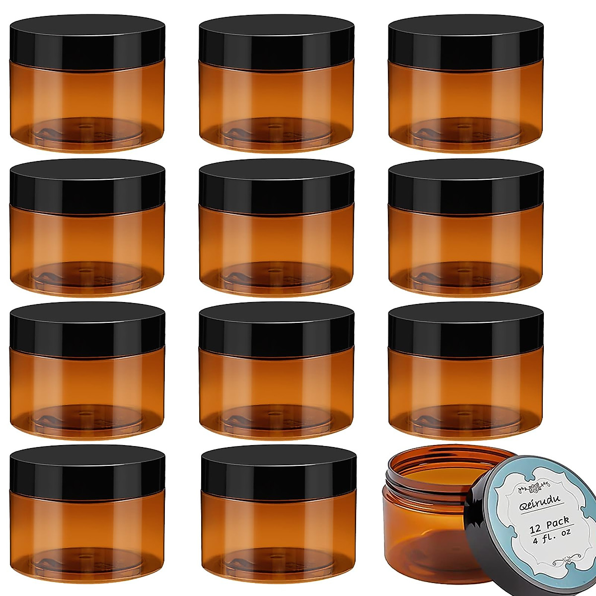 Qeirudu 4 oz Amber Plastic Jars with Lids and Labels, 12 Pack Empty Brown Body Butter Containers for Cosmetic, Body Scrub, Creams and Lotion
