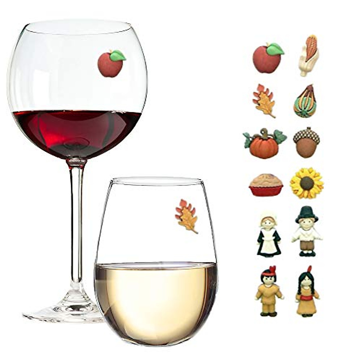 Thanksgiving Magnetic Wine Glass Charms Set of 12 Perfect Drink Markers for Stemless Glasses, Champagne Flutes & More - Great Hostess Gift
