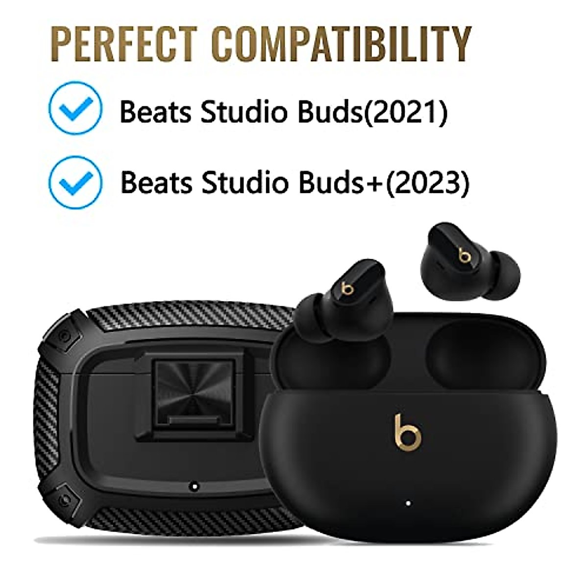 JIML [Upgrade Secure Lock] Compatible with Beats Studio Buds (2021) / Beats Studio Buds+ (2023) Case TPU Military Shell Protective Cover Skin Shock-Absorbing with Keychain and Lanyard (Black)