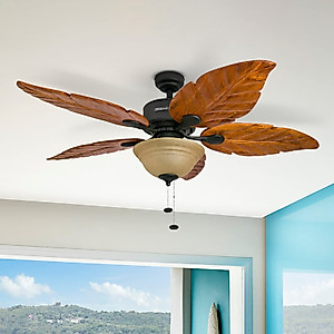 Honeywell Ceiling Fans Royal Palm, 52 Inch Tropical LED Ceiling Fan with Light, Pull Chain, Three Mounting Options, Hand Carved Solid Wood Blades - 50204-01 (Bronze)