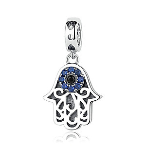 925 Sterling Silver Hamsa Charm Hand Charm Evil Eye Charm Birthday Charm Anniversary Charm for Pandora Charms Bracelet (Silver)