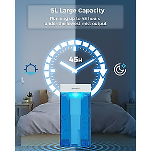 INSENVO Humidifier for bedroom, 5L Top Fill Humidifier with Touch Control, Ultrasonic Adjustable 3 Mist Outputs, 3 Timers, Auto Shut-off Air Humidifier for Bedroom, Living Room, Office, Pets, Plants