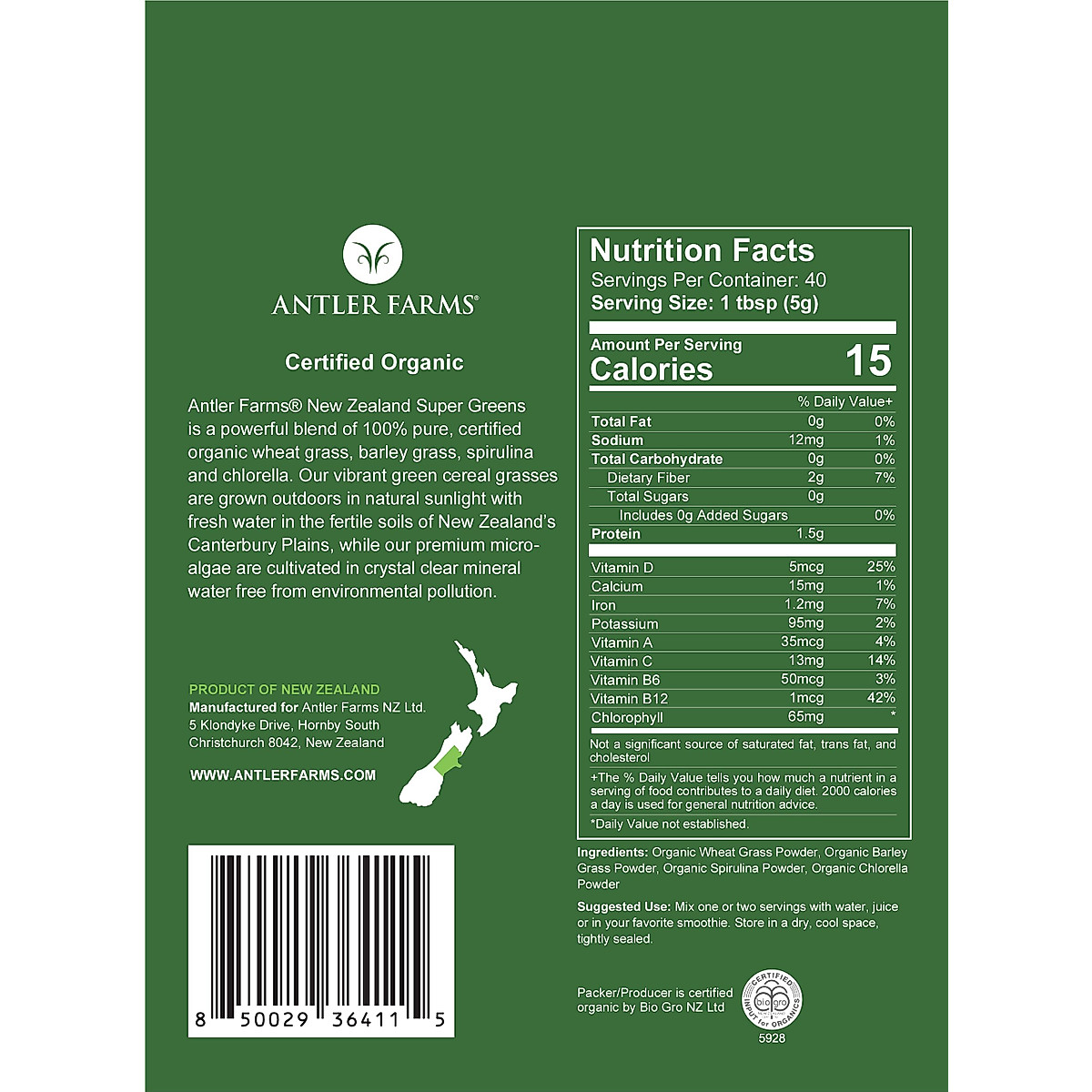 Antler Farms - 100% Pure Organic New Zealand Super Greens Powder, 40 Servings, 200g - Wheat Grass, Barley Grass, Chlorella, Spirulina - Vegan, Gluten Free, Chlorophyll Rich, for Energy and Detox
