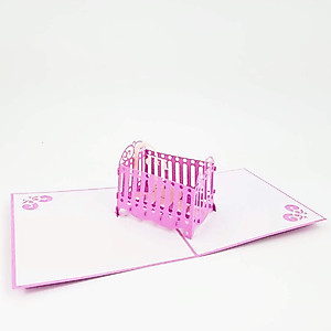 POP CARD EXPRESS Girl Baby Crib Pop Up Card, Pop Up Congrats Greeting Cards for Newborn Babies, Gifts for New Parents, Baby Shower Baby Crib Pop Up Card (Pink)