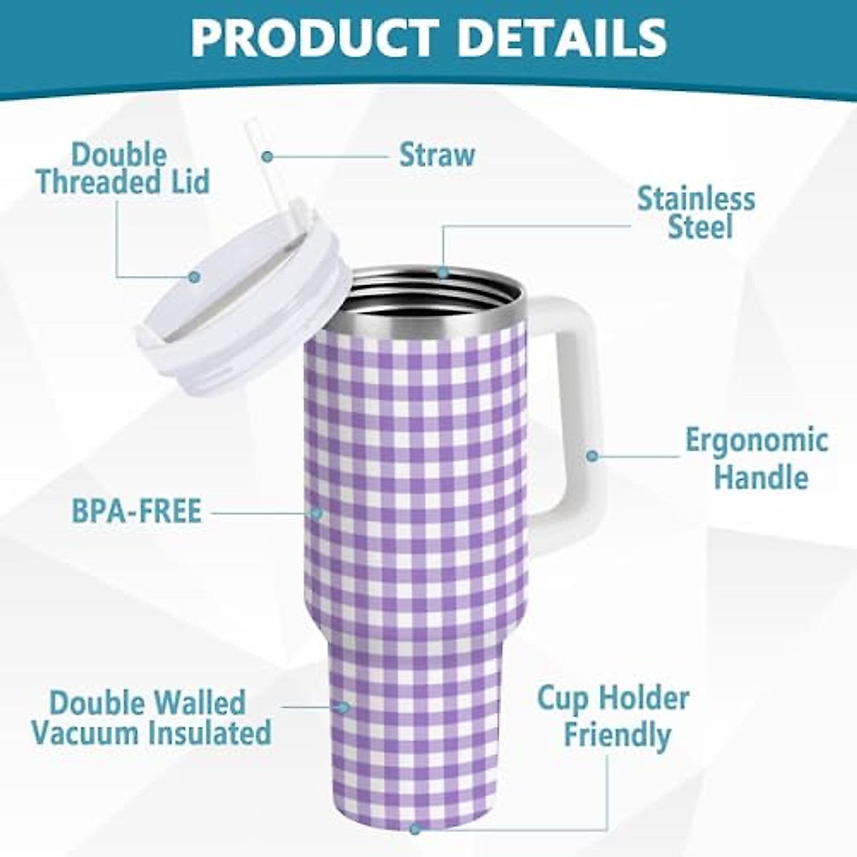 ARGTILDN 40 oz Tumbler Purples Plaid Insulated Travel Mug with Handle and Straw Lid Stainless Steel Vacuum Coffee Cup Tea Beverage Container Water Bottles for Car Sports office