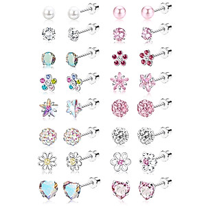 THUNARAZ 16 Pairs Hypoallergenic Screw Back Earrings for Women Girls Surgical Steel Tiny CZ Pearl Ball Heart Flower Screwback Flat Back Stud Earrings Set 20G
