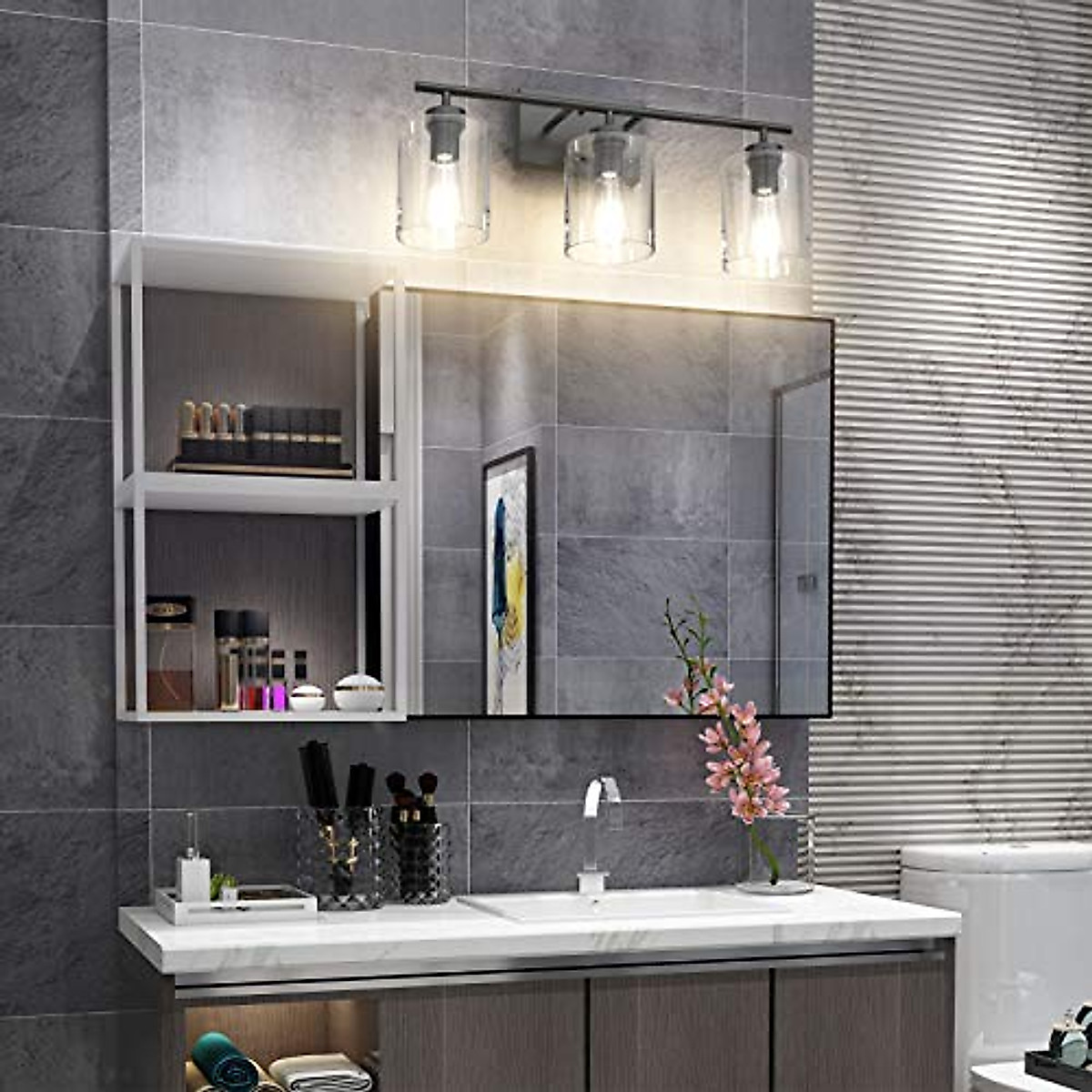 Aipsun 3 Lights Black Vanity Light Fixtures Over Mirror with Clear Glass Shades Industrial Wall Light Fixture for Bathroom(Exclude Bulb)