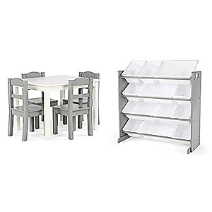 Humble Crew Kids Wood Table 4 Chairs Set, White/Grey & Toy Organizer, Toddler, Grey/White