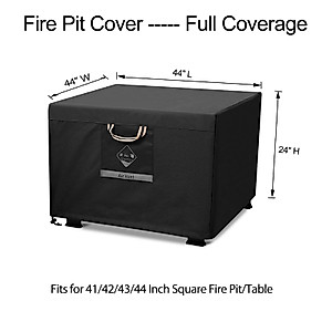 QH.HOME Fire Pit Cover Square Super Waterproof, 44" L x 44" W x 24" H Outdoor Firepit Table Cover 600D Strong Tear Resistant, UPF 50+ Fire Pit Cover Fading Resistant for Square Fire Pit - Black