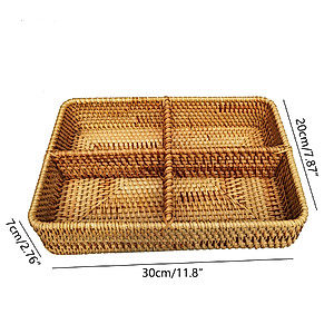 i-lan 4 Compartments Rectangular Rattan Basket, 12 Inch Divided Basket Tray with 3” Deep Wall, Decorative Flat Wicker Serving Basket for Fruit, Snacks, Catch All Dish, Brown