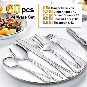 E-far 60-Piece Silverware Set for 12, Stainless Steel Flatware Cutlery Set with Pearled Edge, Include Forks Spoons and Knives, Modern Tableware Eating Utensils for Kitchen Restaurant, Dishwasher Safe