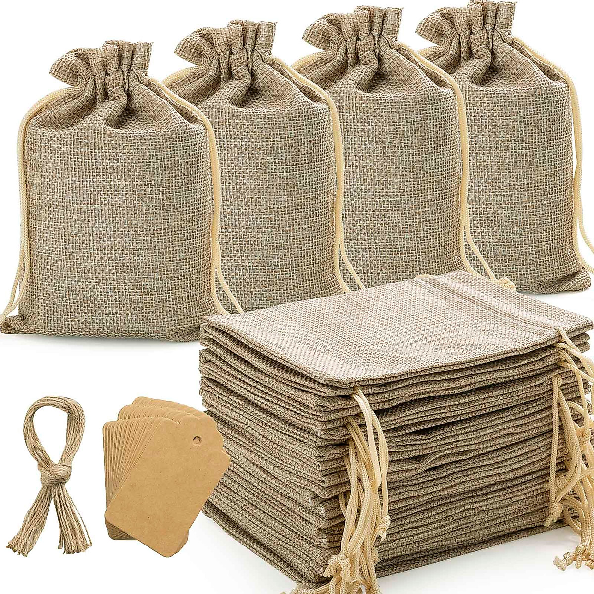 flowsac 25PCS Burlap Gift Bags With Drawstring, 4x6 Small Party Favor Gift Bags, Burlap Bags Linen Sacks Bag for Christmas, Party, Jewelry Pouches, Festival, Birthday, DIY Craft Bags