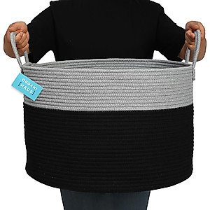 OrganiHaus Gray & Black Throw Blanket Basket for Living Room 20x13, Large Woven Baskets for Storage, Cotton Rope Baskets with Handles, Big Nursery Laundry Basket, Blanket Bin & Pillow Basket