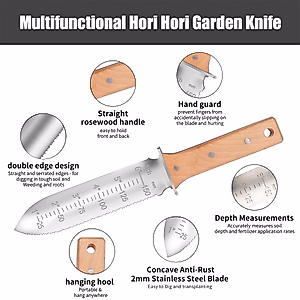 GARTOL Hori Hori Garden Knife, Garden Tools with Sheath for Weeding, Digging, Cutting and Planting, with 7" Stainless Steel Blade, Full-Tang Wood Handle with Hanging Hole and Sharpening Stone