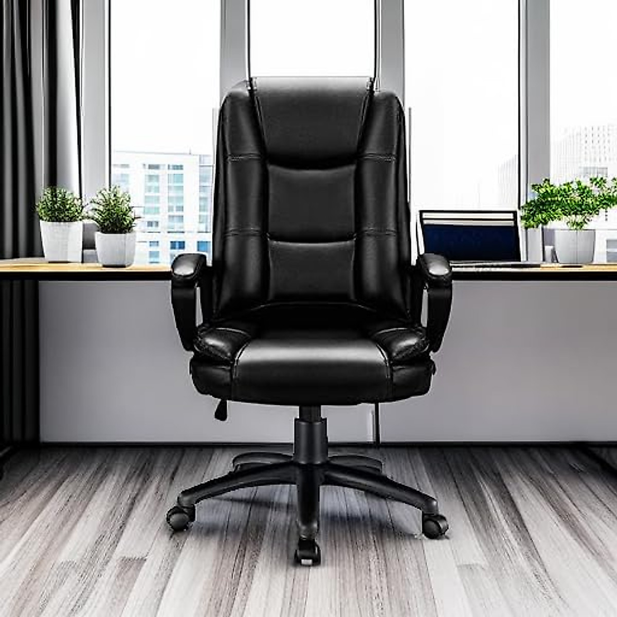OFIKA Home Office Chair, Big and Tall Chair Heavy Duty Design, Ergonomic High Back Cushion Lumbar Back Support, 400LBS Computer Desk Chair, Adjustable Executive Leather Chair with Armrest (Black)