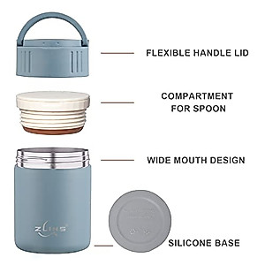ZLINS Insulated Food Jar 13 oz, Foldable Spoon, Reusable Stainless Steel Lunch Thermos Container, Leak Proof Vacuum Lunch Storage for Soup Hot Cold, Portable Smoothie Bowl with Handle Lid (Blue)