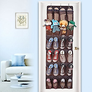 SUPWALL Over The Door Shoe Organizer Rack,24 Pocket for Shoe Toiletries Closet Laundry Storage, with 4 Steel Hooks That Fit More Doors (Coffee)