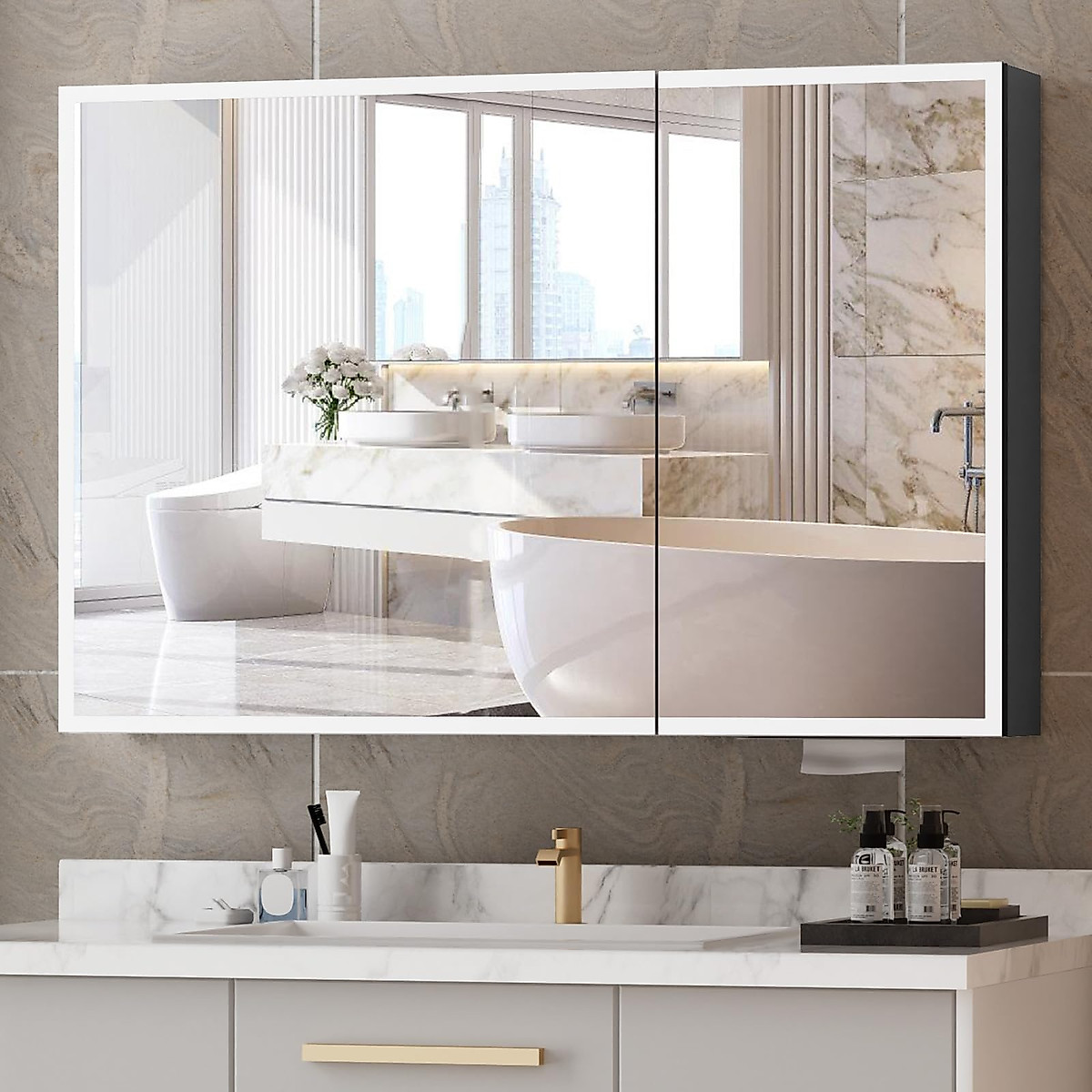 Lighted Medicine Cabinet with Mirror, Led Medicine Cabinet with Color Adjustment and Anti-Fog Mirror, Easy to Install 2 Doors Aluminum Wall Mounted Cabinet 31.5'' x 23.6'',Black