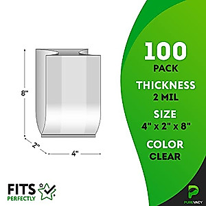 PUREVACY Gusseted Plastic Bags for Cookies, Candies, 4" x 2" x 8", Pack of 100 Clear Treat Bags with Open Top, 2 Mil Thick Recyclable Clear Plastic Bags for Gifts, Small Items Storing, Packaging