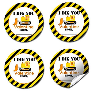 I Dig You Construction-Themed Valentine Party Favor Sticker Labels, 40 2" Party Circle Stickers by AmandaCreation, Great for Classroom Valentines, Envelope Seals, Gifts & Treats