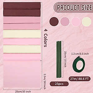 8 Rolls Crepe Paper Rolls, 10 x 98Inch 4 Colors Wide Crepe Paper Sheets with Floral Stem Wire and Green Floral Tapes for DIY Gift Wrapping Paper Crafts (Pink & Brown）