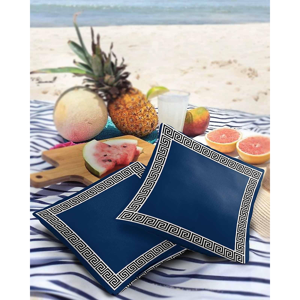 Outdoor Waterproof Pillow Covers for Patio Furniture Geometric Greek Key Design Decorative Throw Pillow Cover Navy Blue Pillowcases Set of 2 Cushion Case for Sofa Couch Chair Home Decor 26x26 inch