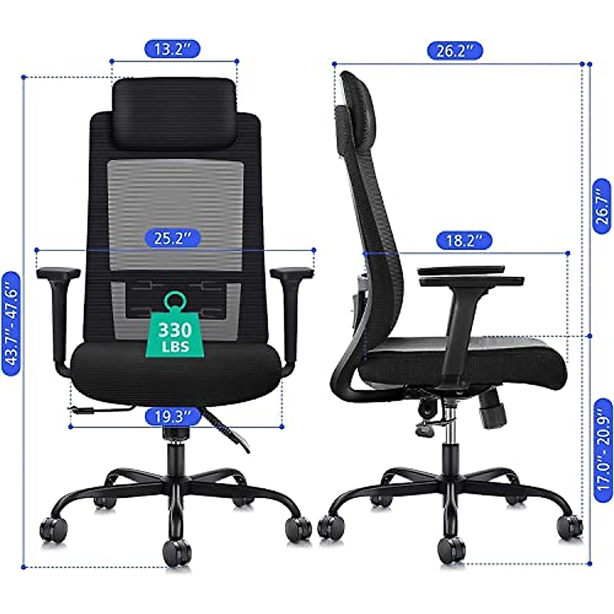 Ergonomic Computer Desk Chairs - Mesh Home Office Desk Chairs with Lumbar Support & 3D Adjustable Armrests (High Back)