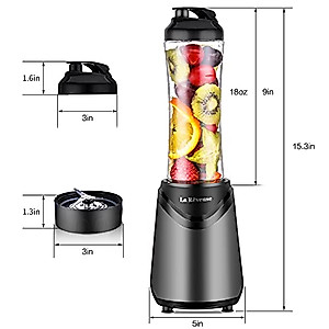 La Reveuse Smoothie Blender Personal Size 300 Watts with 2 Pieces 18 oz BPA-Free Travel Sports Bottles,Grey