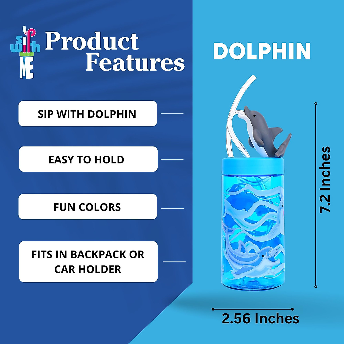 SIP WITH ME Sealife Dolphin Cup, Kids Water Bottle, Toddler Cups, Tumbler with Lid and Straw, Travel Sippy Cup for Water or Milk, Kids Cups with Lids for Toddlers 3 and Up, BPA Free Plastic, 12 oz
