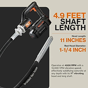 SuperHandy Concrete Vibrating Power Tool, 13k VPM, 4.9’ Ft Flex Hose Immersion Shaft, Cement Vibrator, Cordless Handheld 48V 2Ah Battery, Brushless Motor - Remove Air Bubble, Level & Mix Concrete