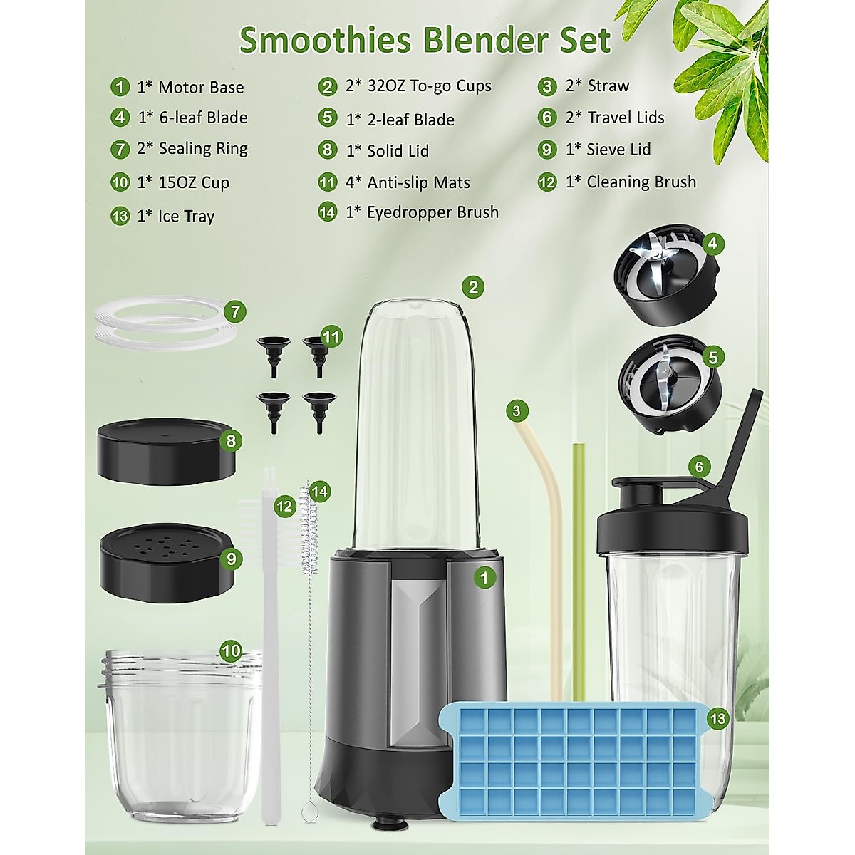 Smoothie Blender, 1300 W Upgraded Compact Personal Blender for Shakes and Smoothies, Juice, Frozen Drinks, Sauces & More, Smoothies Maker with 2 * 32 Oz To-Go Cups, 2*Spout-Lids