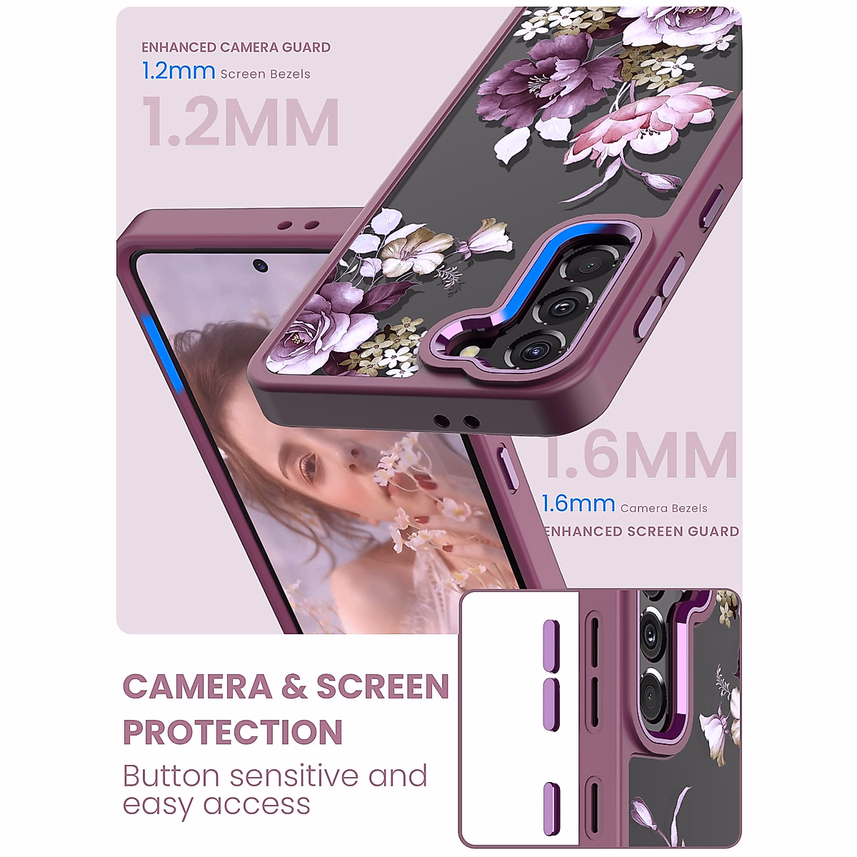 Dretal for Samsung Galaxy S21 5G Case Floral, Military Grade Drop Tested Hard Back & Soft Edge Slim Flower Women Girls Phone Protective Cover + Tempered Glass Screen Protector for Galaxy S21(Purple)
