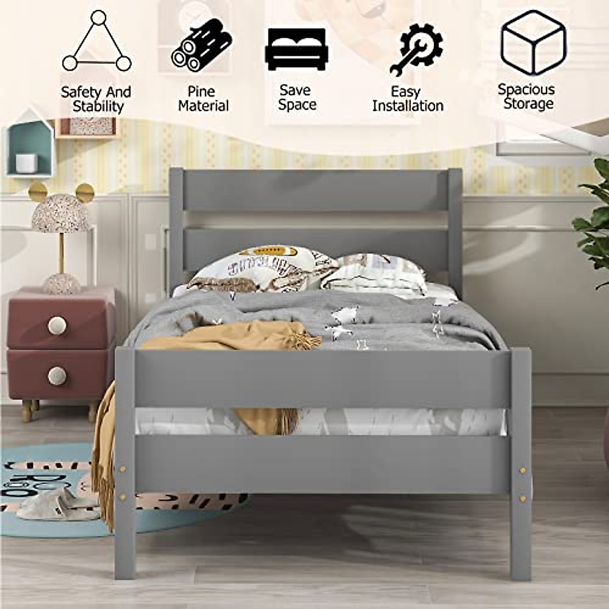 Pvillez Twin Bed Frames, Wood Twin Bed Frame with Headboard and Footboard Kids Bed Frame,Twin Wooden Bedframes Platform with Storage for Girls Boy No Box Spring Needed (Gray)