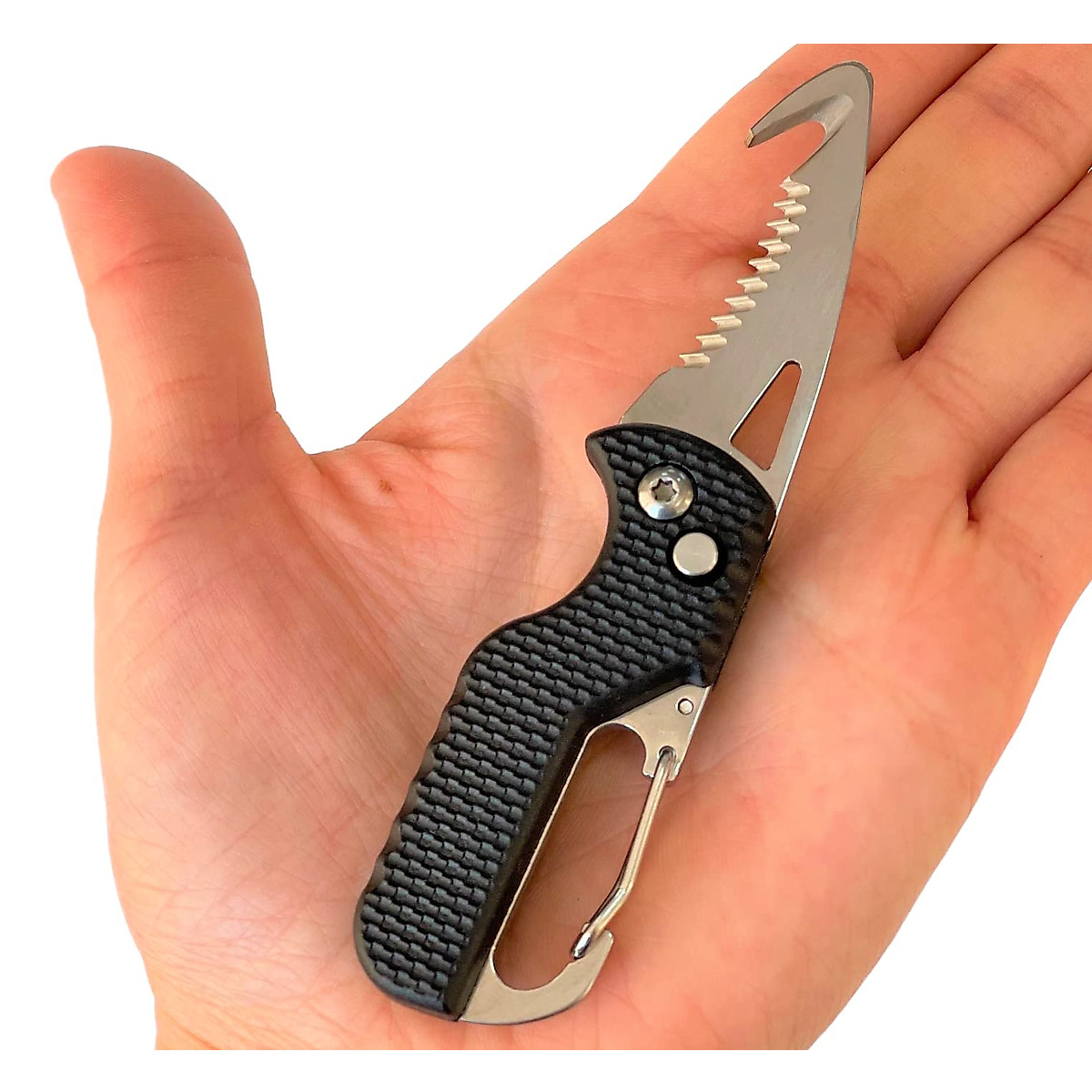 Package opener, Portable Utility Cutter, Small Pocket Box, Seatbelt, Strap Cutter Knife, Razor Sharp Serrated Blade and Paratrooper Hook, Carabiner Keychain, Safe, Survival EDC Folding Tool
