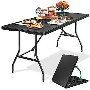 YITAHOME Folding Tables Heavy Duty Folding Table 6ft with Carrying Handle Plastic Fold up Table for Outdoor Camping Picnic Parties/Indoor Events All in Black