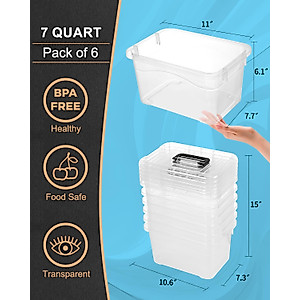 EOENVIVS Plastic Storage Bins 7 Quart-Storage Organizer Bins with Black Buckle Lids, Stackable Storage Bins with Lids for Home Office Kids Room Closet School Art Supplies Organization,6 Packs, Clear