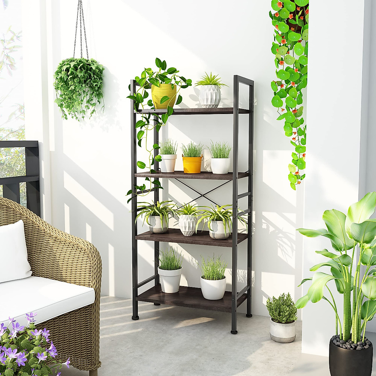 DKLGG 4-Tier Storage Shelves, Bookshelf, Wood Bookcase with Metal Frames and Standing Shelving Unit, Industrial Design Open Standing Organizer for Living Room, Bathroom, Balcony, Office, Rustic Brown