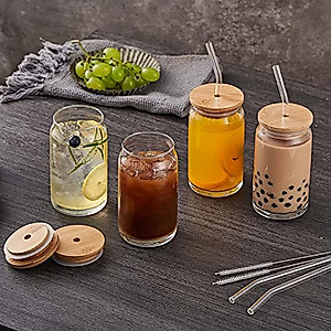 RLCOEUS Set of 4 Drinking Glass Cup with Bamboo Lids and 6 Glass Straws - Can Shape Beer Glasses for Smoothie, Whiskey, and Cocktails, 2 Cleaning Brushes