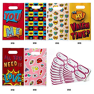 JOYIN 60 Pcs Valentine’s Day Plastic Gift Bag Treat Bags, Plastic Candy Bags for Kids Valentine Party Favor, Goodie Bags for Classroom Gift Exchange Prizes and Gift Giving Party Supplies