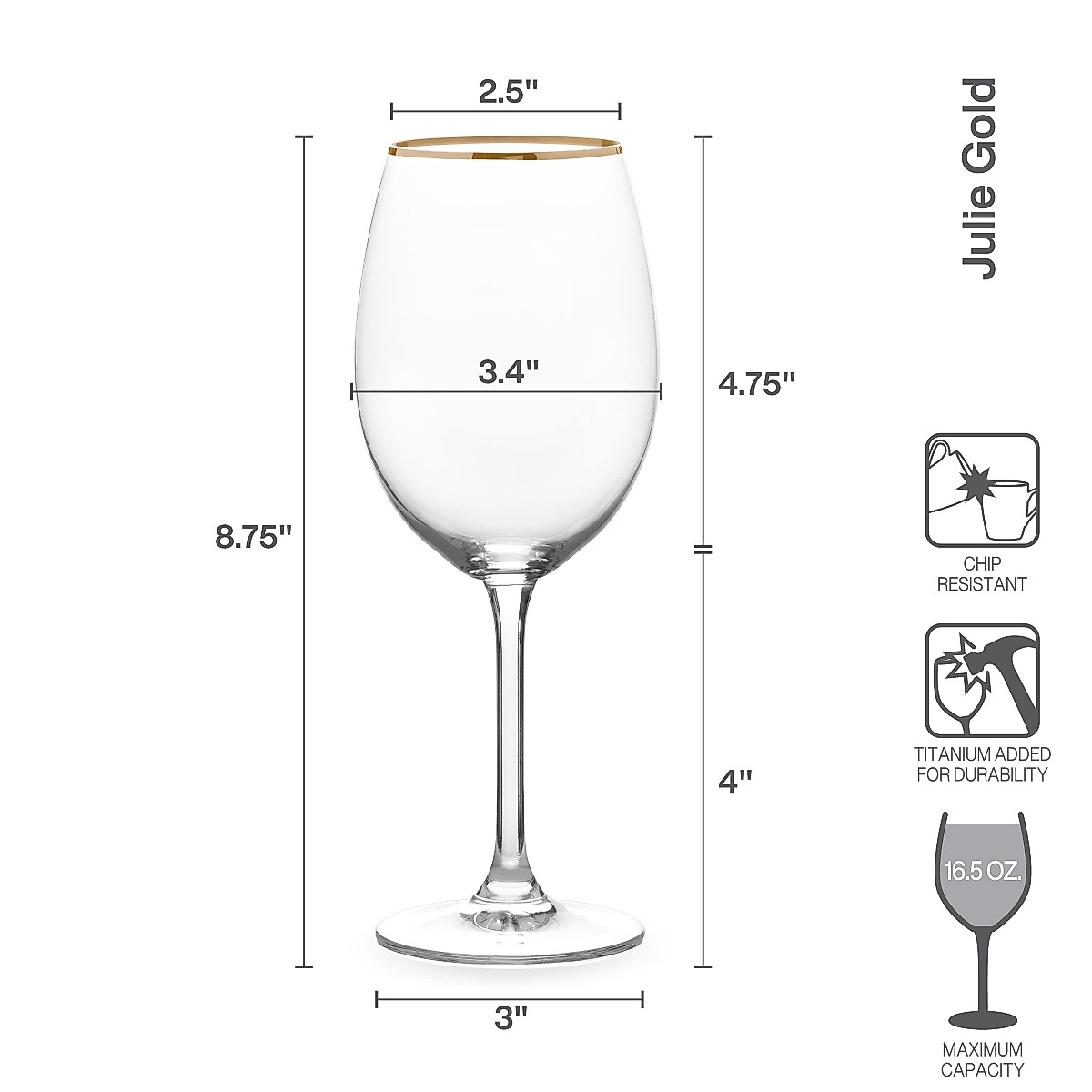 Mikasa Julie Gold Set of 4 White Wine Glasses, 16.5-Ounce, Clear