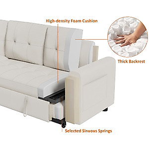 Ucloveria Sectional Sofa Couch, Sleeper Sofa Bed with Reversible Storage Chaise Pull Out Couch Bed for Living Room L-Shape Lounge 2 in 1 Futon Sofa with Side Storage Bag, 49"D x 78.5"W x 49"H, Beige