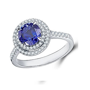 Intershine 925 Sterling Silver 14K White Gold Finish Prong Set 0.75 cts Round Cut Created blue Sapphire Gemstone Halo Ring for Women size-7.5