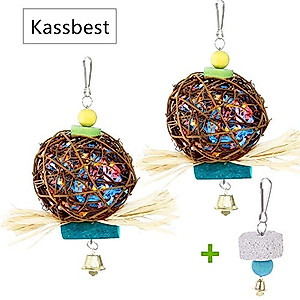 Kassbest Bird Parrot Chewing Toys,Natural Rattan Ball Shredder Toy Cage Foraging Shredder Toy and Bird Beak Grinding Stone Lava Block Calcium Supplement for Budgie Lovebirds Conures Parakeet 2 Pack