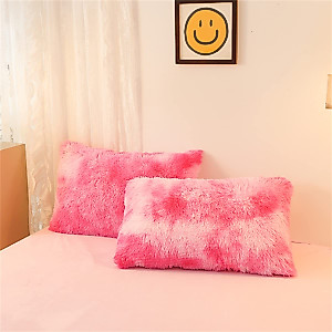 Lotus Karen Plush Shaggy Duvet Cover Set Queen Size Fluffy Velvet Faux Fur Bedding Set 3 Piece Tie Dye Luxury Ultra Soft Fuzzy Comforter Cover with 2 Pillow Shams, Zipper Closure (Tie Dye Pink, Queen)