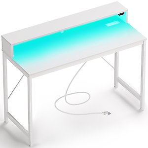 Rolanstar Computer Desk 39 inch with LED Lights & Power Outlets, Home Office Desk with Monitor Shelf, Gaming Desk, Writing Desk, Study Desk for Student & Kids, White