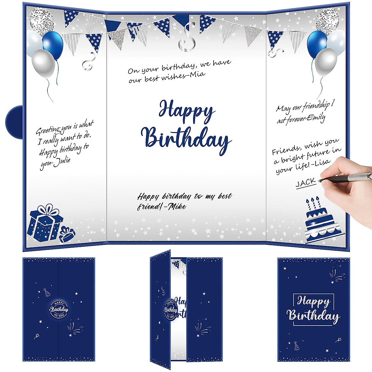 Blue Silver Large Birthday Guest Book Card Decorations for Men Boys, Navy Blue Happy Birthday Signature Book Jumbo Card Party Supplies, Big Birthday Guest Sign in Book, Card Happy Birthday Gift Sign