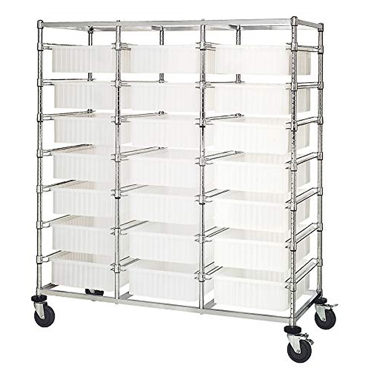Quantum BC216069M1TCL Triple Bay Mobile Bin Cart Kit | (21) DG93060 Clear Dividable Bin Container for Display | 1200 lbs Load Capacity | 60"L x 24"W x 69"H, Polypropylene, Chrome Plated Carbon Steel