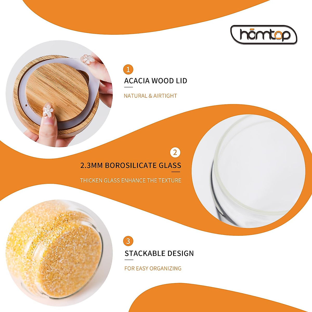 Homtop Glass Storage Containers Set of 4, 15 FL OZ High Borosilicate Glass Jars Kitchen Food Canisters with Acacia Wood Lids for Coffee Beans/Sugar/Tea/Nuts